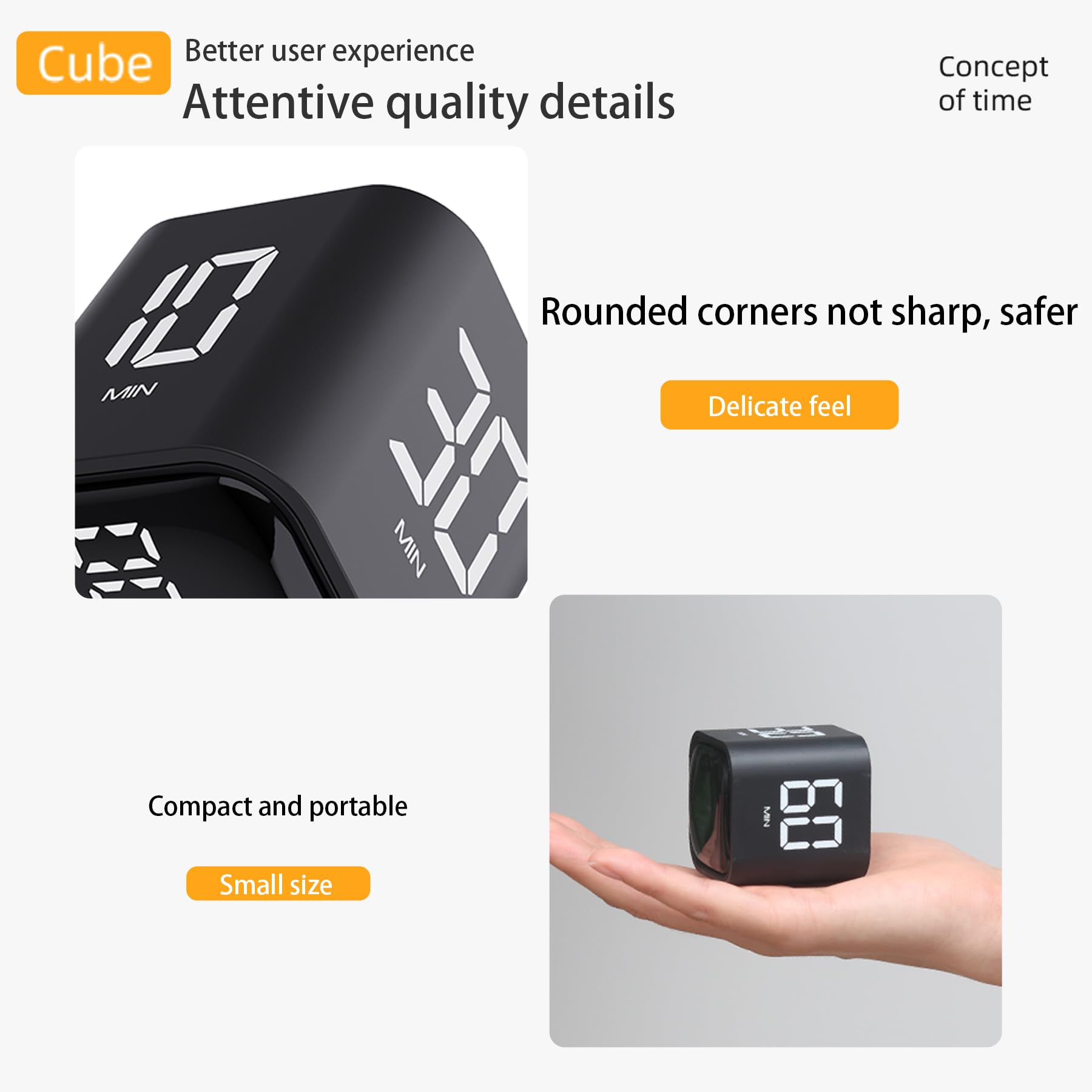 VEWINGL Cube Timer,Rotation Timer,5/10/30/60 Minutes and Custom Countdown,Productivity Timer,Pause and Resume,Silent,Vibrate and Adjustable Sound Alarm for Tasks,Work,Study,Kitchen (F4, Black)