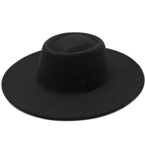 wide brim panama fedora hat - warm felt flat top pork pie cap for women men (size:m/l) (us, alpha, medium, large, black)