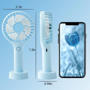 Mini Handheld Fan Portable, Small Portable Hand Held Fan with USB Rechargeable Battery, 3 Speed Personal Desk Table Fan with Base, Makeup Eyelash Fan for Women Kids Travel Indoor Outdoor, Blue