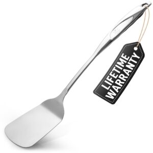 zulay kitchen premium stainless steel metal spatula - cooking spoon turner - durable cooking utensil with ergonomic, easy to use handle - easy to clean, perfect for at home cooks & chefs - 15”