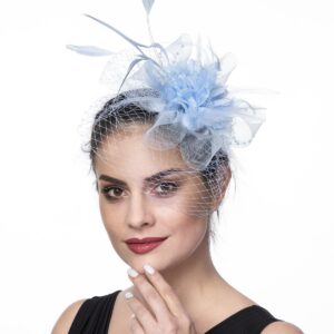 SAFERIN Fascinators Hat Flower Mesh Ribbons Feathers on a Headband and a Clip Tea Party Headwear for Girls and Women (Polyester, ST01-Light Blue)