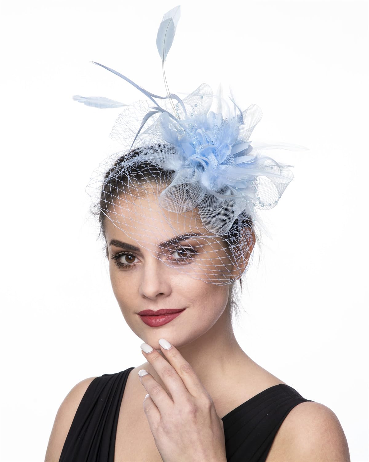 SAFERIN Fascinators Hat Flower Mesh Ribbons Feathers on a Headband and a Clip Tea Party Headwear for Girls and Women (Polyester, ST01-Light Blue)