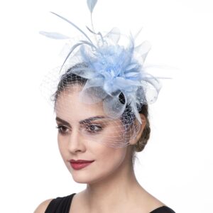 SAFERIN Fascinators Hat Flower Mesh Ribbons Feathers on a Headband and a Clip Tea Party Headwear for Girls and Women (Polyester, ST01-Light Blue)