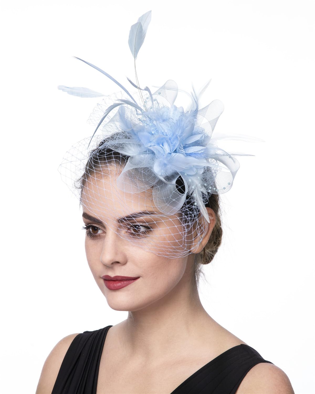 SAFERIN Fascinators Hat Flower Mesh Ribbons Feathers on a Headband and a Clip Tea Party Headwear for Girls and Women (Polyester, ST01-Light Blue)