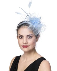 saferin fascinators hat flower mesh ribbons feathers on a headband and a clip tea party headwear for girls and women (polyester, st01-light blue)