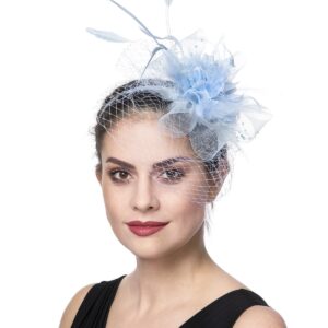 SAFERIN Fascinators Hat Flower Mesh Ribbons Feathers on a Headband and a Clip Tea Party Headwear for Girls and Women (Polyester, ST01-Light Blue)