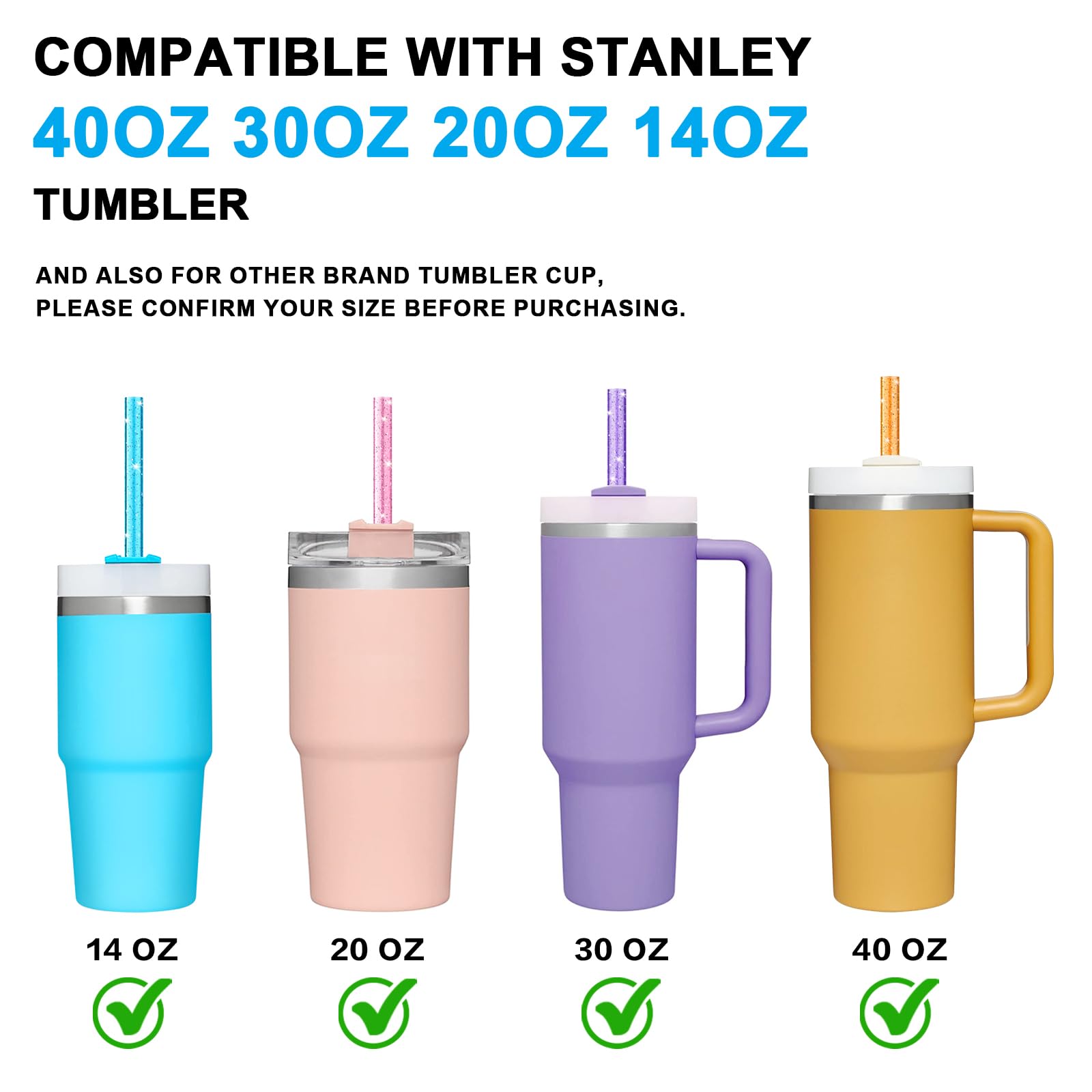 8PCS Color Replacement Straws for Stanley Owala Simple Modern, Alwenid Reusable Glitter Clear Stainless Steel Straws Accessories for Tumbler Mug Cup, BPA Free and Dishwasher Safe(7*Tritan+1*Metal)