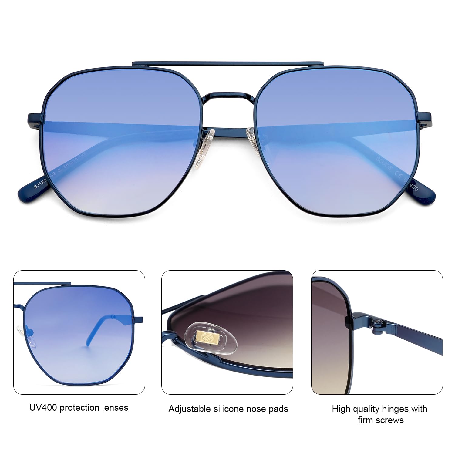 SOJOS Classic Square Aviator Sunglasses for Women Men Retro Hexagon UV400 Protection Shades SJ1222, Blue/Blue Mirrored