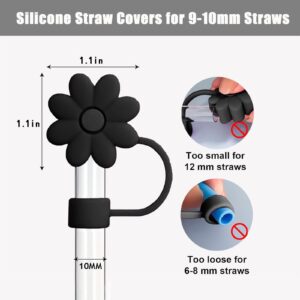 SpexArt Flower Straw Covers Toppers for Stanley Cups 30&40 Oz Tumbler Accessories 4PCS Silicone Straw Caps Reusable Straw Tips Protectors for Stanley Cup 10mm 0.4in Straws,Black