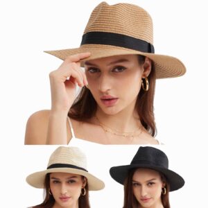 meinicy 3pcs womens wide brim beach hat roll up panama straw sun hat fedora summer uv protection floppy hat (black+brown+beige)