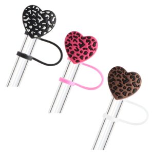 3pcs leopard print heart silicone straw cover cap for stanley 40oz & 30oz tumbler, 10mm reusable cute drinking straw topper accessories