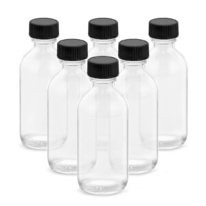 rionisor 4oz small glass bottles with lids and funnels, 120ml boston round glass bottles, leak proof mini travel bottles, perfect for diy essential oils, hot sauce and juices, 6 pack clear