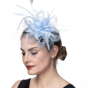 SAFERIN Fascinators Hat Flower Mesh Ribbons Feathers on a Headband and a Clip Tea Party Headwear for Girls and Women (Polyester, ST01-Light Blue)