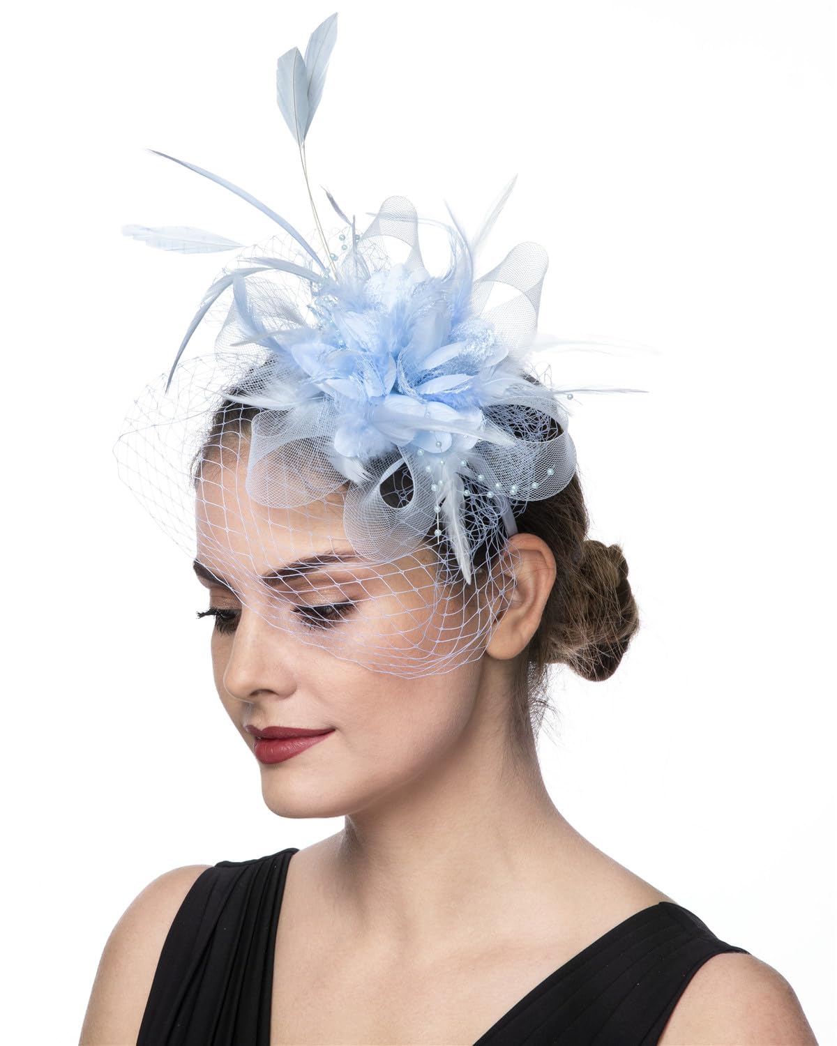 SAFERIN Fascinators Hat Flower Mesh Ribbons Feathers on a Headband and a Clip Tea Party Headwear for Girls and Women (Polyester, ST01-Light Blue)