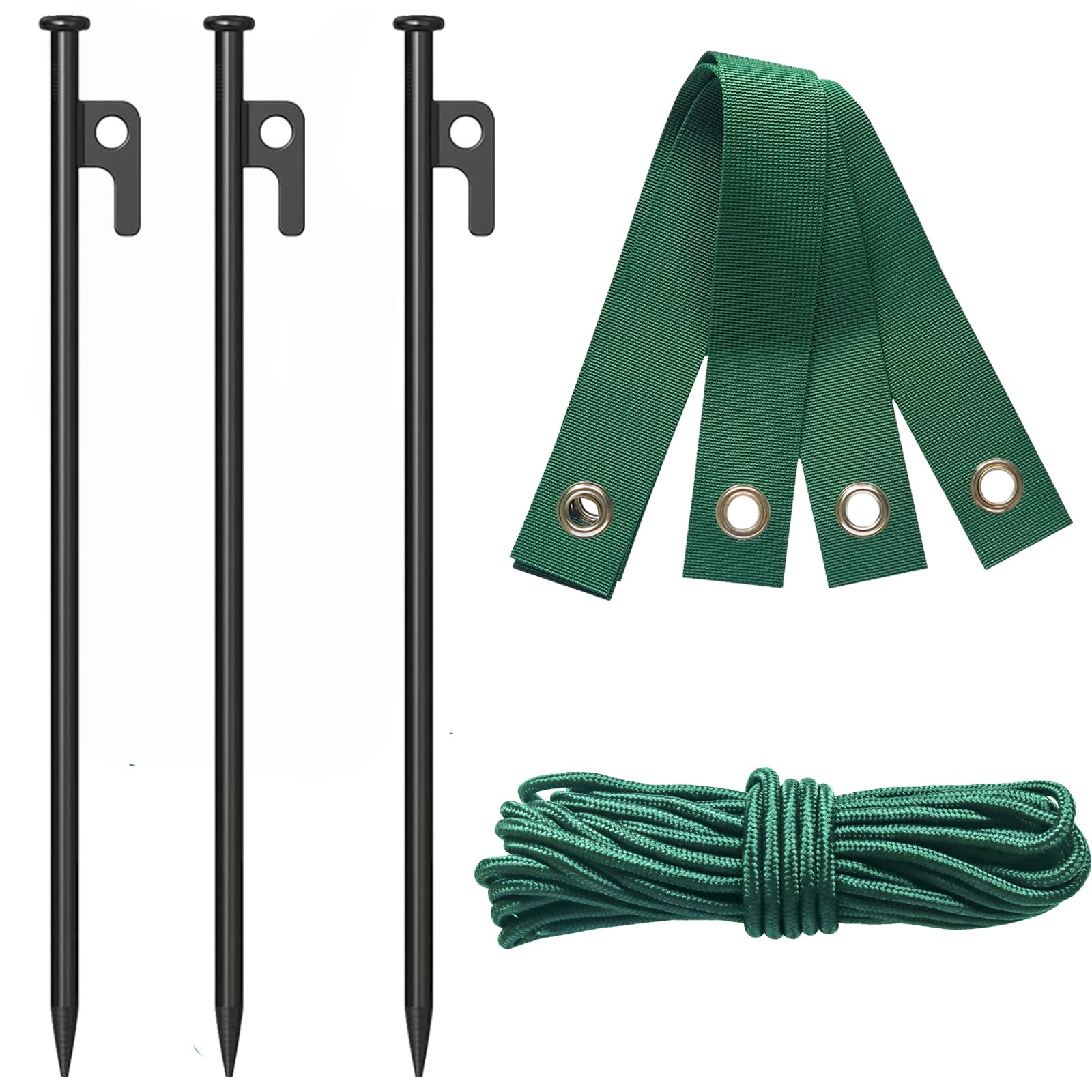 DasTior 3 Pcs Heavy Duty Steel Tree Stake Kit, Tree Supports for Leaning Tree Protection with 3 PCS 11.8" Steel Tree Stakes, 3 PCS 15.8" Tree Straps，32.8 FT Rope