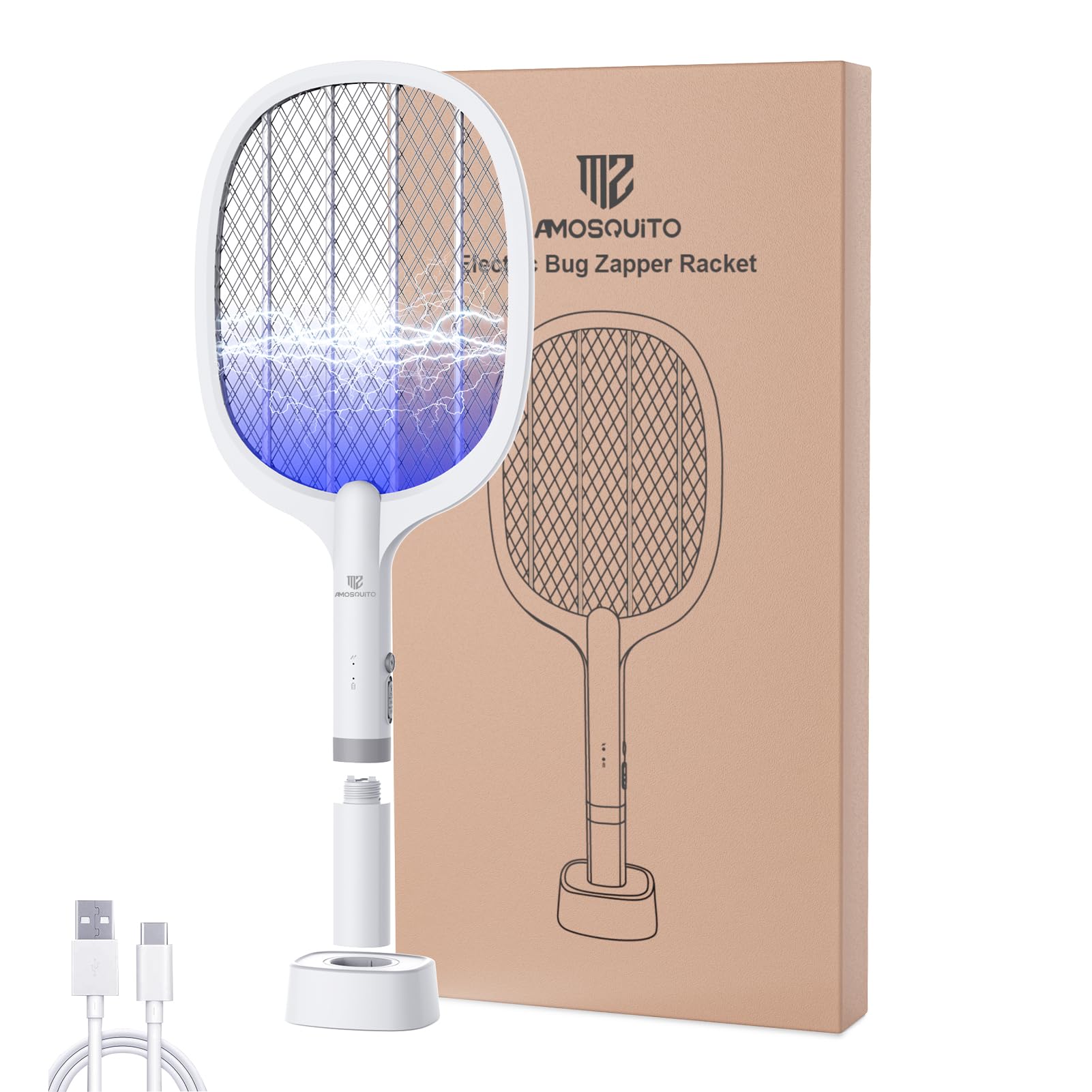 Bug Zapper Racket, Electric Fly Swatter Rechargeable Mosquito Zapper for Indoor and Outdoor - 2000mAh (1 Pack, 2000 mAh)