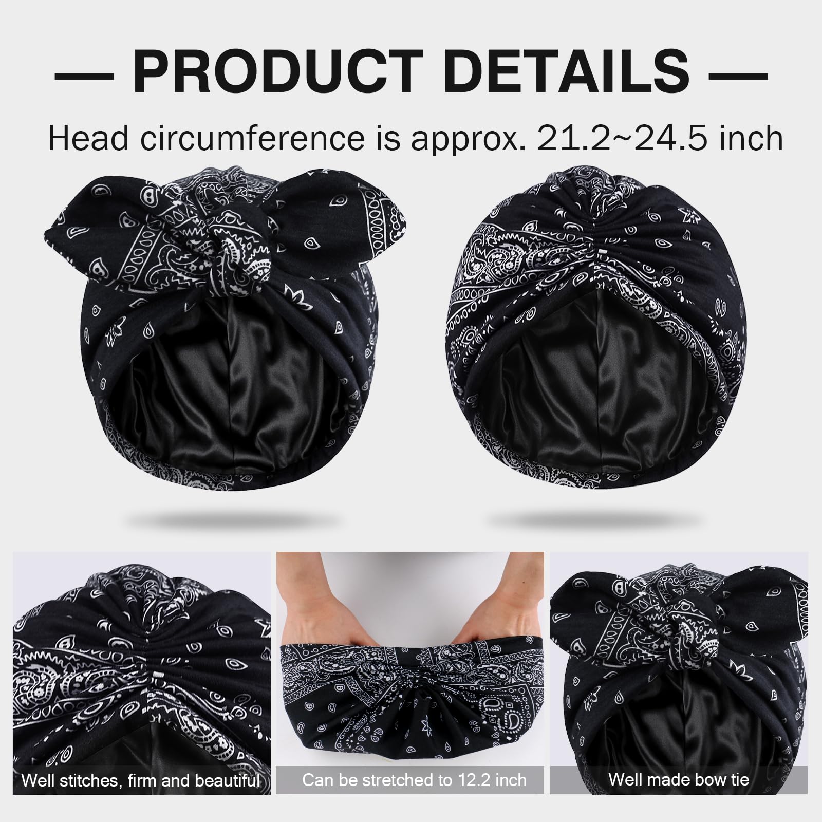 Ababalaya Satin Lined Turbans for Women Chemo Headwear Beanies Silky Lined Cotton Bonnet Sleeping Cap, Black