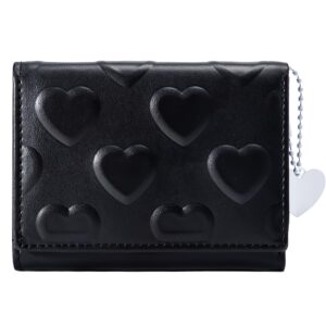 sminra womens wallet small trifold slim leather cute wallet cash pocket with heart chain coin purse id window card holder for girls and ladies (black)