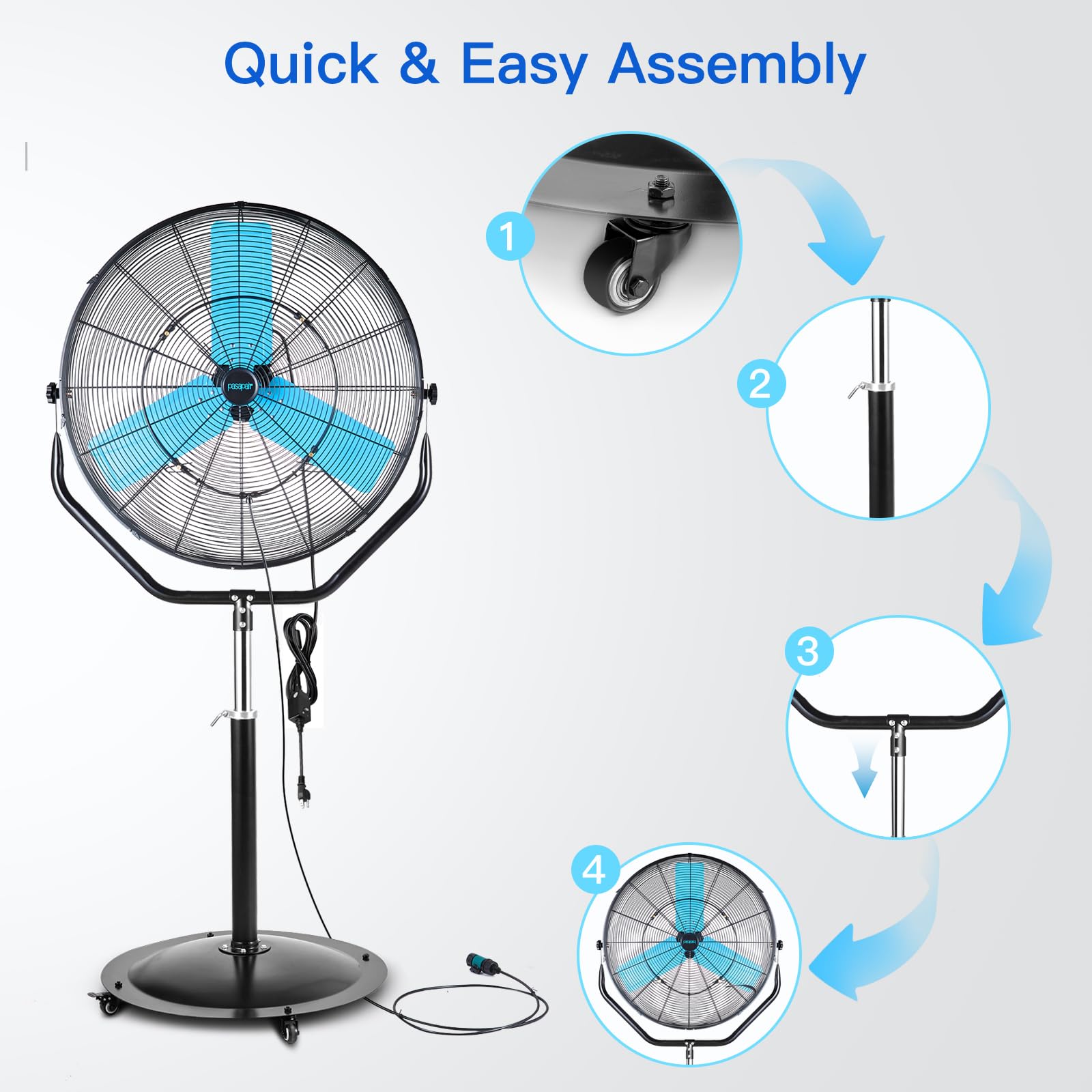 pasapair 24” Industrial Outdoor Misting Pedestal Fan – IPX5 Waterproof Cooling Fan for Patios – Portable Fan with 4 Wheels – 8.2 FT Cord, GFCI Plug & 360° Pitch Rotation– ETL Approved