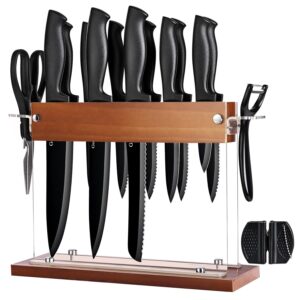 gourmetop kitchen knife set with block 15 pcs, kitchen knife block set with wood acrylic stand, sharp knife set with sharpener, scissors, and peeler, black cooking knives set for kitchen cutting