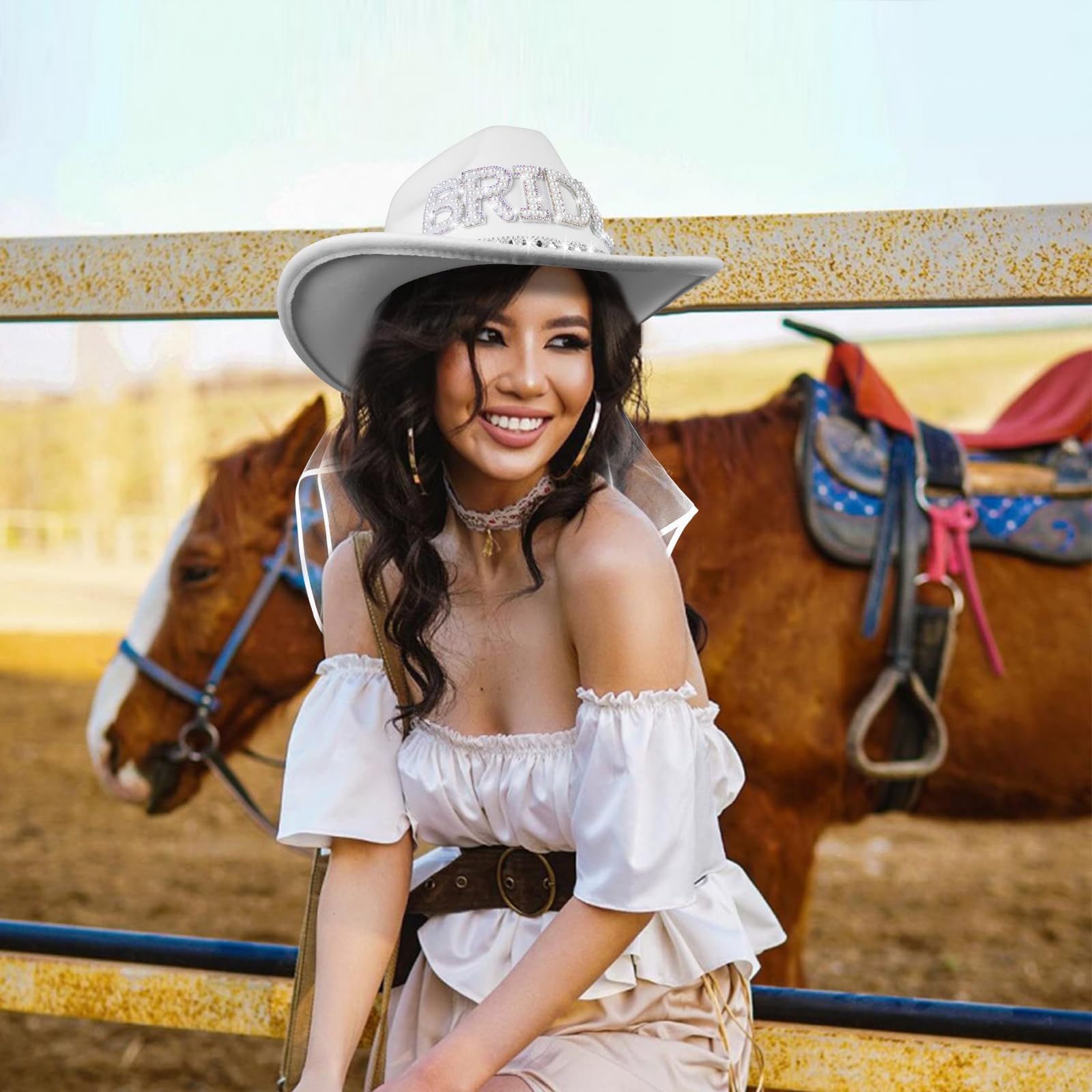 MGupzao Cowboy Hat and Veil - Bachelorette Party Decor, White Cowgirl Hat Wedding Bridal Shower Favors, Bride to be Gift, Country Western Style