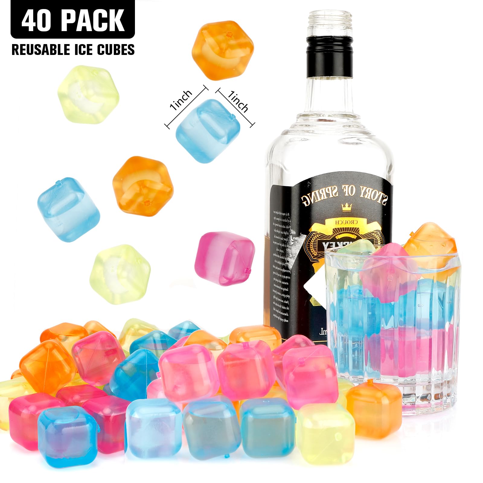 40 Pack Reusable Ice Cubes, Reusable Ice Cubes for Drinks, Refreezable Plastic Ice Cubes, Washable Square Colorful Fake Clear Ice Cubes for Whiskey, Coffee, Vodka, Beer, Non-Diluting, BPA Free