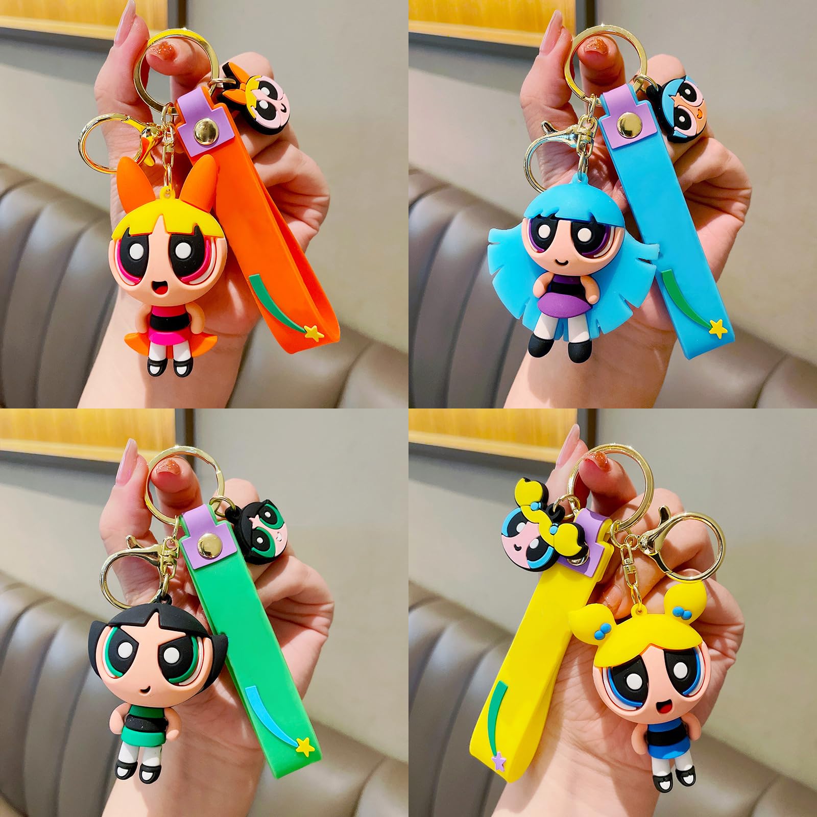 Zgwafdww The PowertoPuff Girls Toys Backpack Shoulder bag Pendant Accessories Keychain Charm Keyring Gifts for Girls Boys.(2inches pack of 4