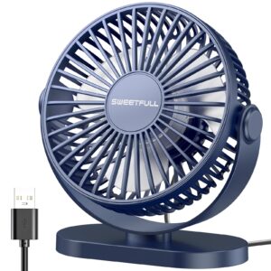 sweetfull usb desk fan small quiet - 3 speeds mini personal portable fan 360° rotation adjustable, 5 inch office table cooling gadgets on desktop (blue)