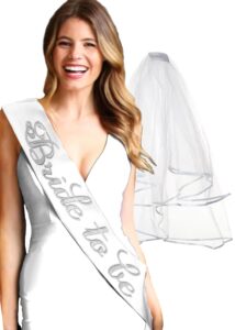 bride sash and veil - set of 2: real crystal rhinestone flirty bride to be premium bridal grade white satin sash & white veil - bachelorette party veil and sash - veil set(rs flrtb2b) wht