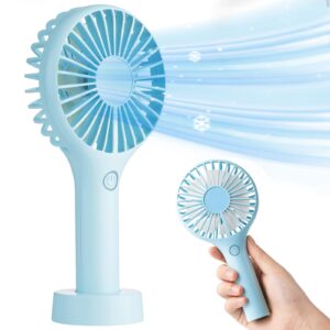 mini handheld fan portable, small portable hand held fan with usb rechargeable battery, 3 speed personal desk table fan with base, makeup eyelash fan for women kids travel indoor outdoor, blue