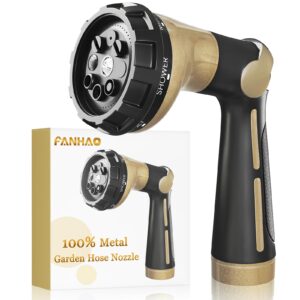 fanhao garden hose nozzle heavy duty, 100% metal water hose sprayer with 8 spray patterns, high pressure spray nozzle thumb control on off valve for lawn & plant watering, car & pet washing - khaki