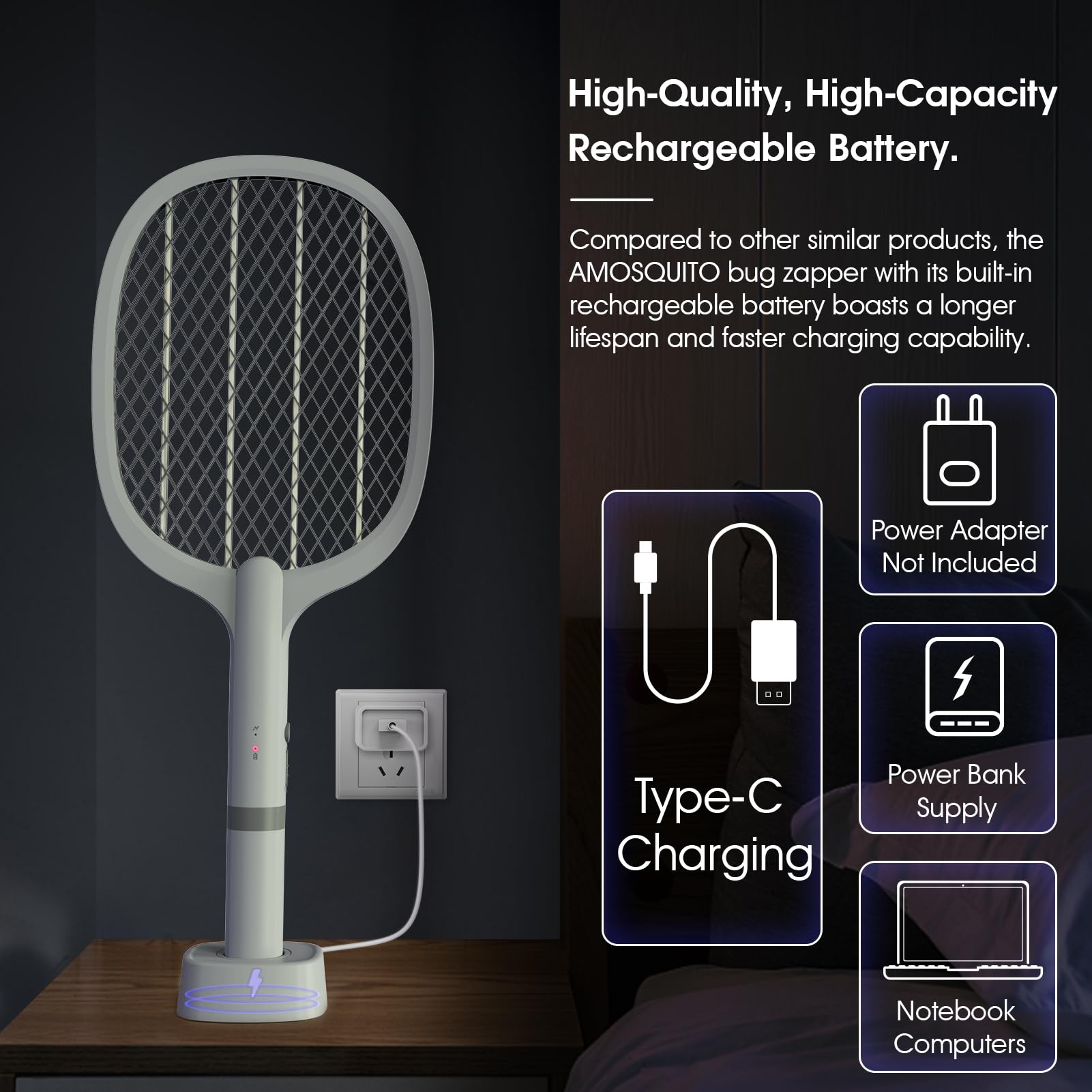 Bug Zapper Racket, Electric Fly Swatter Rechargeable Mosquito Zapper for Indoor and Outdoor - 2000mAh (1 Pack, 2000 mAh)