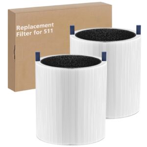 2 pack 511 replacement filter, compatible with blue air blue pure 511 air purifier, true h13 hepa filters, and activated carbon filter