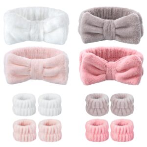 vitever 4 pack spa headband for washing face with 8 wristbands, girl hair band, microfiber women headbands, headband and wrist bands to skincare, cosmetic, shower-white, brown, rose pink, light pink