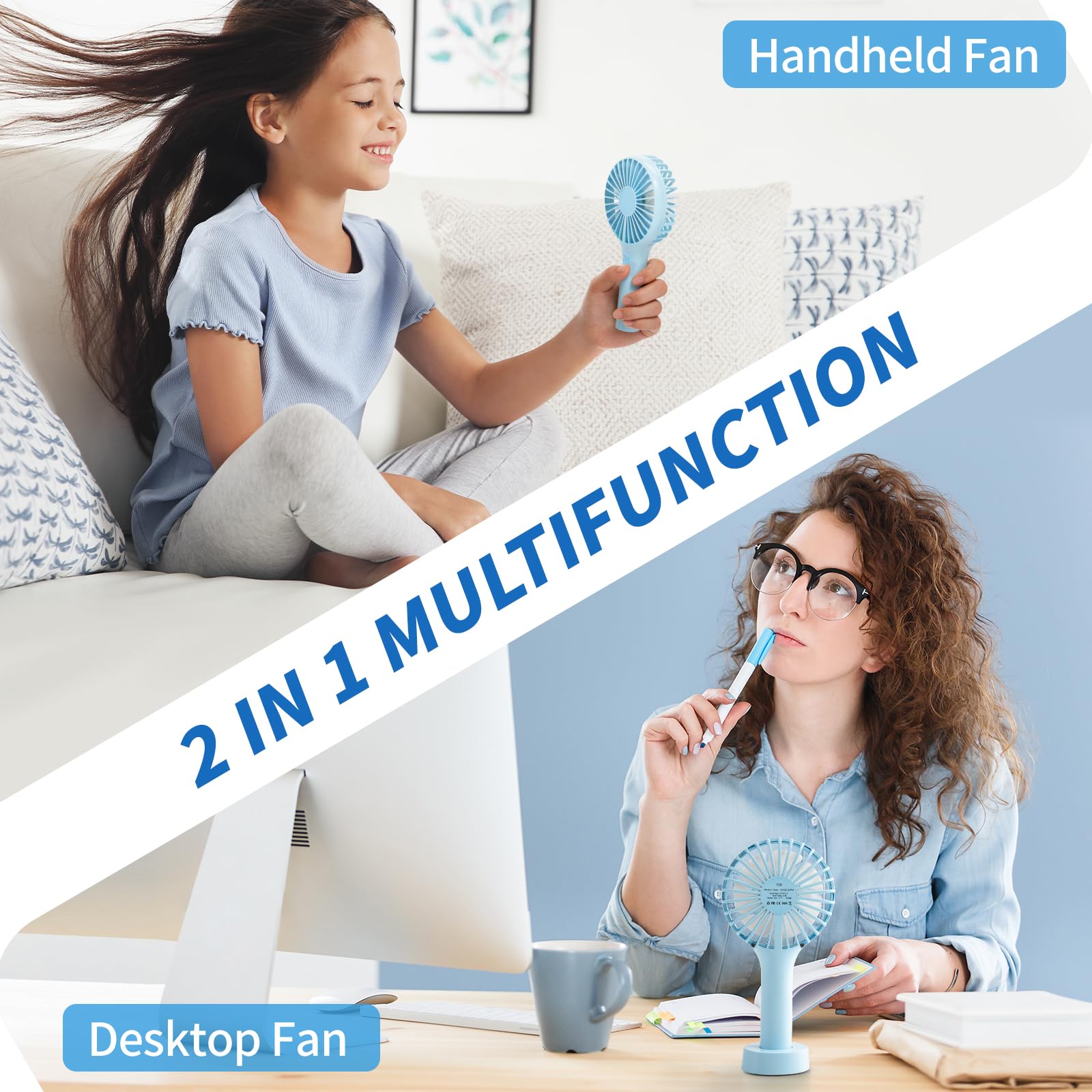 Mini Handheld Fan Portable, Small Portable Hand Held Fan with USB Rechargeable Battery, 3 Speed Personal Desk Table Fan with Base, Makeup Eyelash Fan for Women Kids Travel Indoor Outdoor, Blue