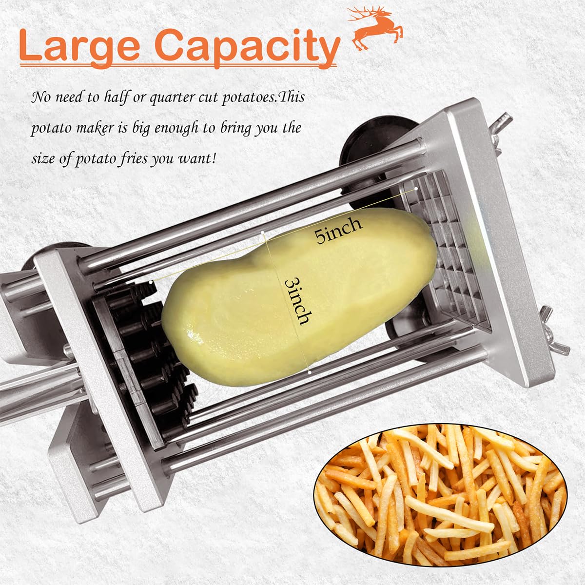 French Fry Cutter, Heavy Duty Professional Stainless Steel Potato Cutter, Removable Handle and 4 Suction Feet, 1/2-inch, 3/8-inch Blades for Potatoes, Onions, Carrots, Cucumbers, Air Fryer