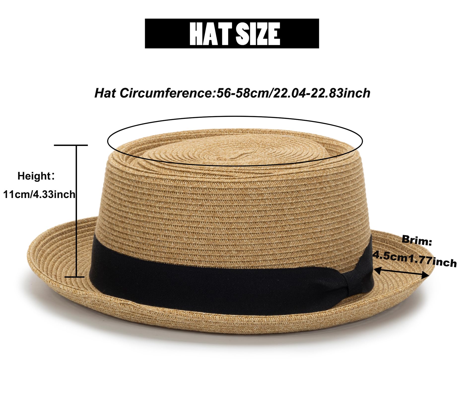 Men/Women Summer Straw Pork Pie Hat Boater Derby Fedora Sun Hats with Bowknot(S/M)