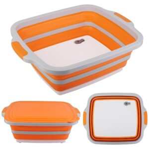 large collapsible cutting board(4.22 gal/16l), foldable camping sink with colander, bbq prep tub with lid, multifunction dish basin for kitchen, bowl, vegetable and fruit, storage basket for picnic