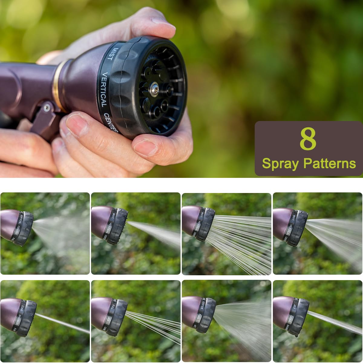 FANHAO Heavy Duty Garden Hose Nozzle, 100% Metal Water Nozzle with 8 Adjustable Spray Patterns, High Pressure Hose Sprayer with Non-Slip Grip for Watering Plants & Lawns, Washing Cars & Pets -Bronze