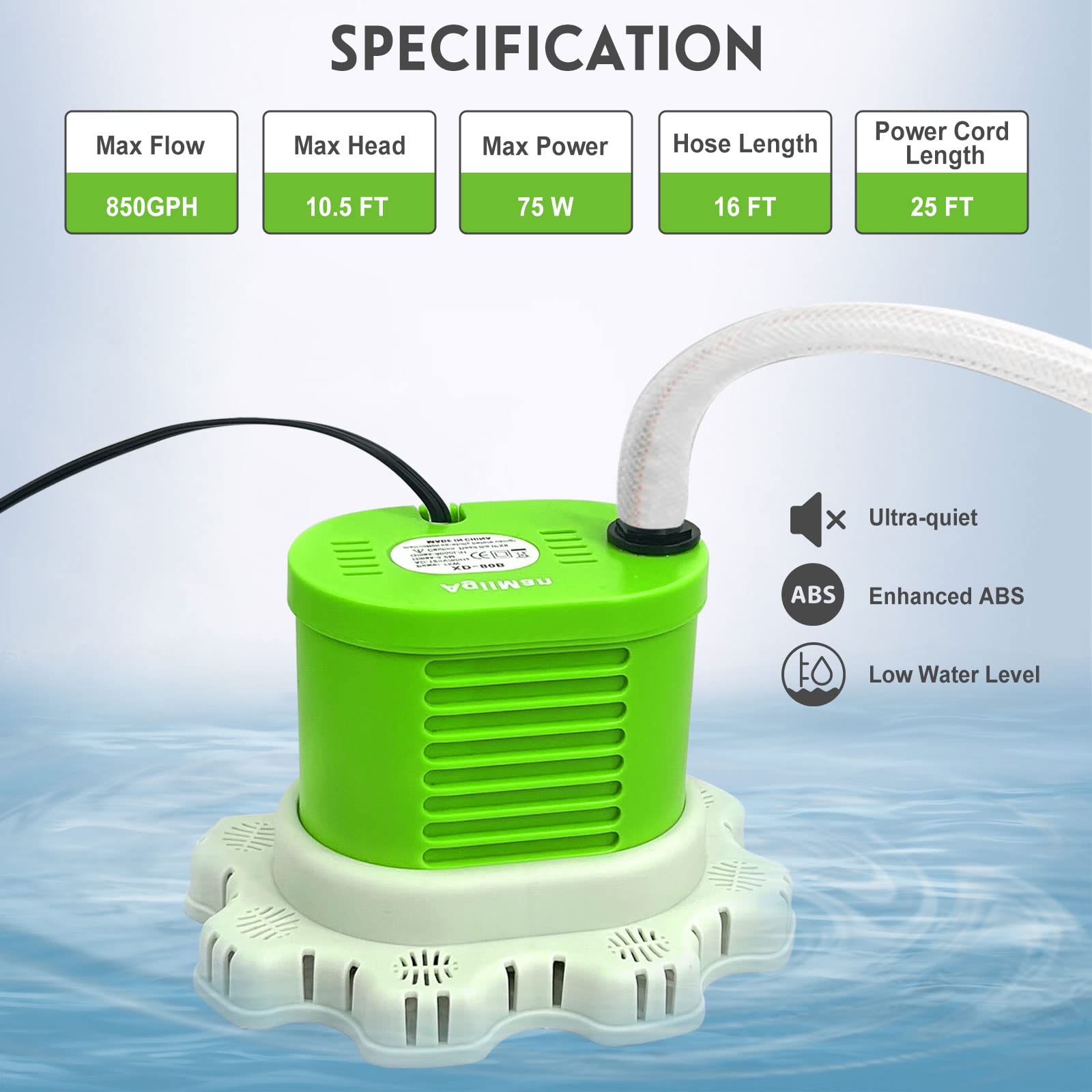 AgiiMan Pool Cover Pump Above Ground - 850 GPH Submersible Water Pump for Pool Draining, Portable Small Sump Pumps with 16' Drainage Hose and 25' Power Cord, 3 Adapters, Green