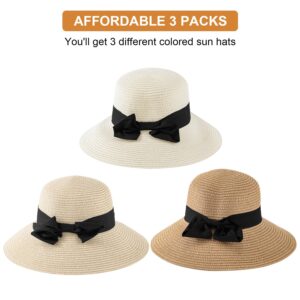 MEINICY 3PCS Sun Hat Beach Straw Hat for Women Wide Brim Foldable Roll up Summer UPF 50+ Hat (Ivory+Brown+Beige)