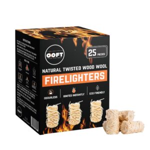 ooft natural firelighters - ignite instantly and odourless - perfect for use with pizza ovens, barebeques, wood burning stoves, open fires and camp fires - box of 25