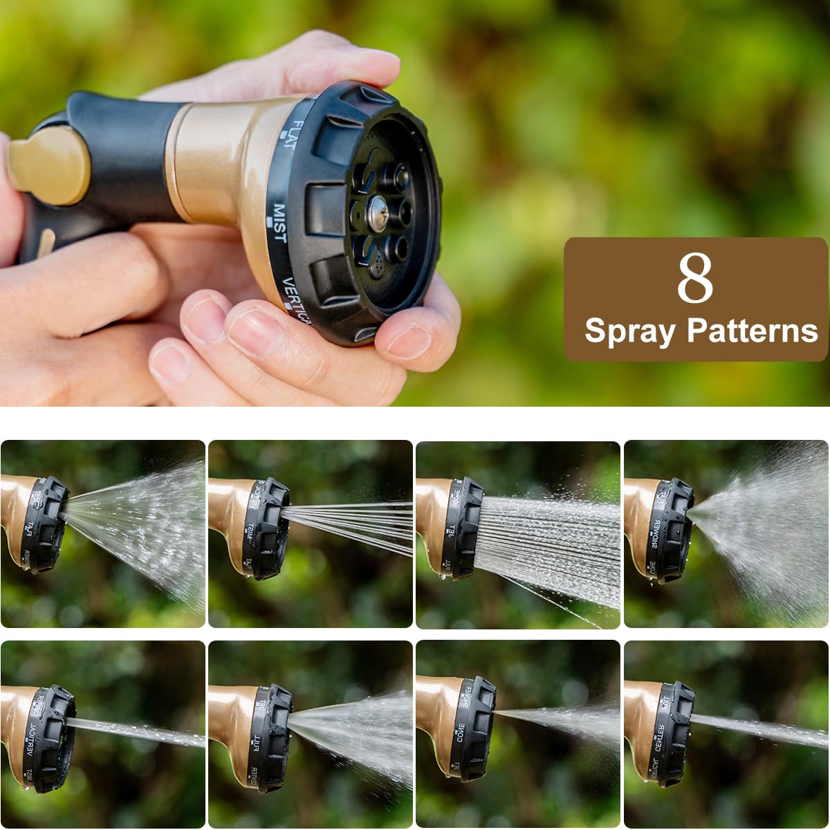 FANHAO Garden Hose Nozzle Heavy Duty, 100% Metal Water Hose Sprayer with 8 Spray Patterns, High Pressure Spray Nozzle Thumb Control On Off Valve for Lawn & Plant Watering, Car & Pet Washing - Khaki