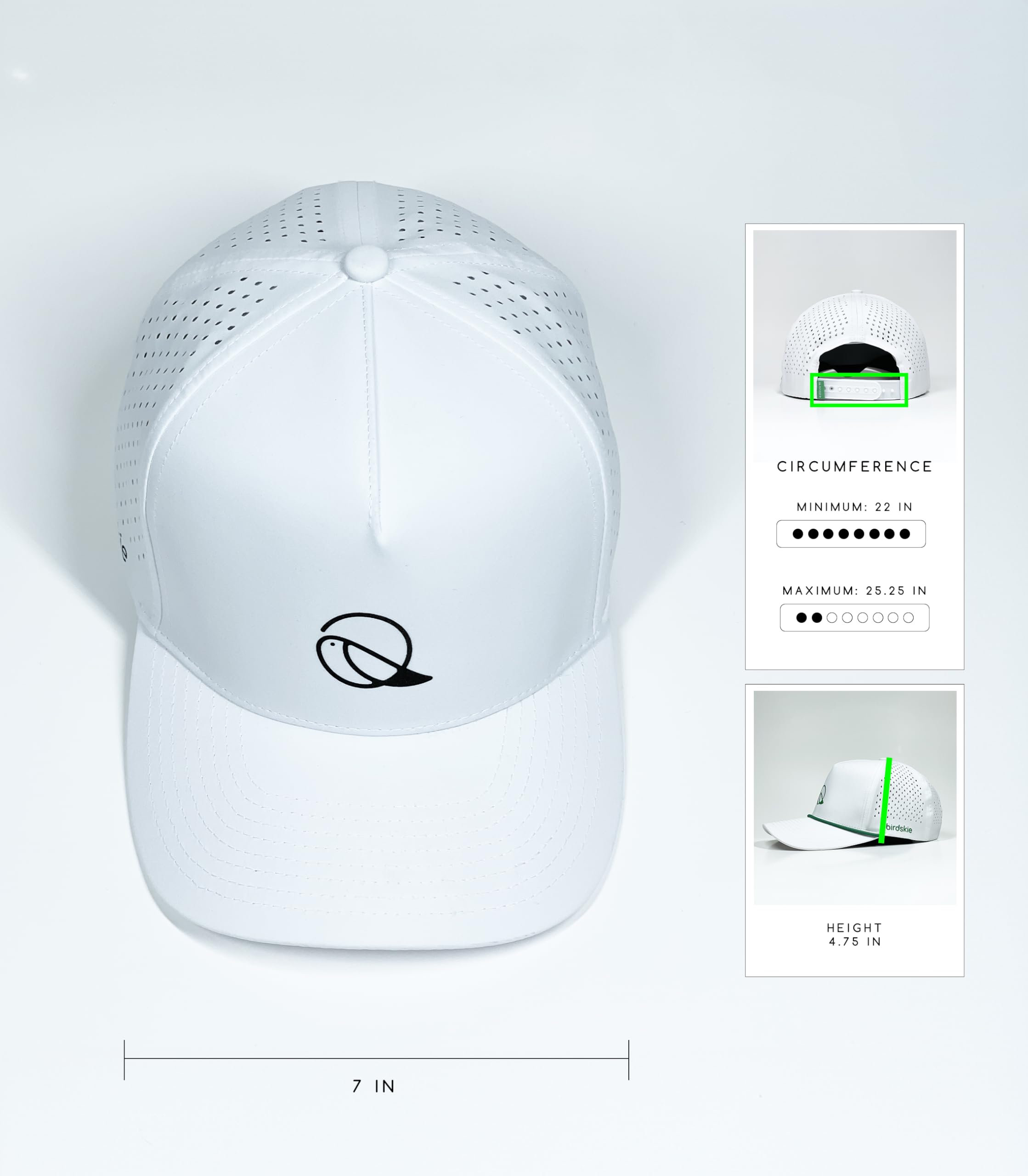 birdskie Golf Hat Snapback, Breathable, Quick Drying, High Performance, The Swagger Golf Cap White