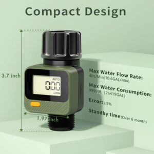 Diivoo Water Flow Meter with 180° Removable Panel, 4 Measure Modes, ±5% High Accuracy and IP54, Measure Gallon/Liter Consumption and Flow Rate for Outdoor Garden Hose Watering, RV Water Tank Filling