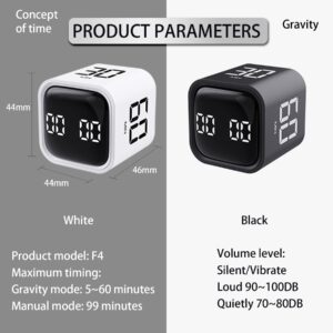 VEWINGL Cube Timer,Rotation Timer,5/10/30/60 Minutes and Custom Countdown,Productivity Timer,Pause and Resume,Silent,Vibrate and Adjustable Sound Alarm for Tasks,Work,Study,Kitchen (F4, Black)