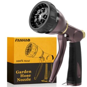 fanhao heavy duty garden hose nozzle, 100% metal water nozzle with 8 adjustable spray patterns, high pressure hose sprayer with non-slip grip for watering plants & lawns, washing cars & pets -bronze