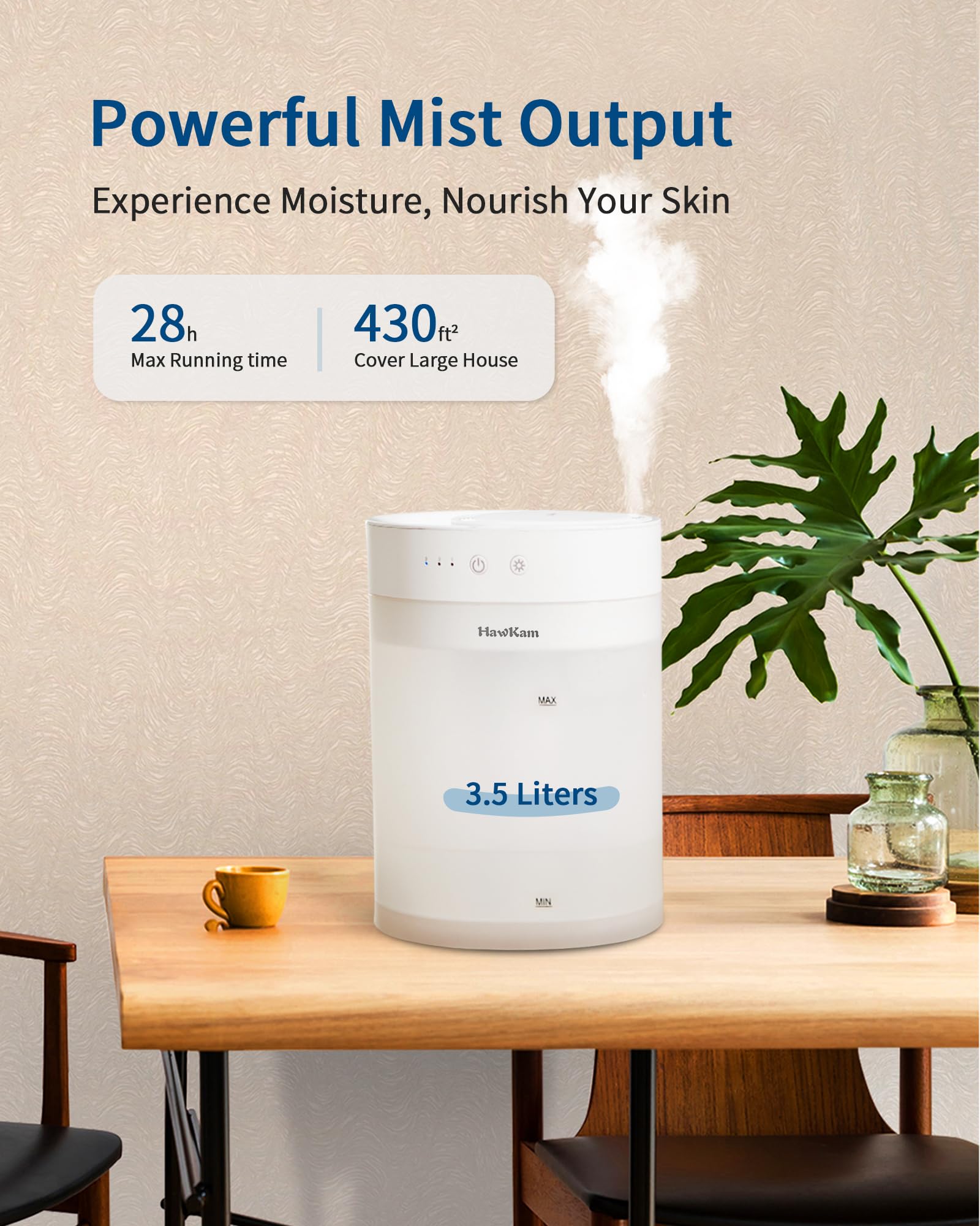 HawKam Humidifiers for Bedroom, 3.5L Cool Mist Humidifiers with Easy to Top Fill and Clean, Auto Shut-off, BPA-Free & 28H Runtime, Air Humidifier for Home Large Room Baby Nursery Plants & Offices