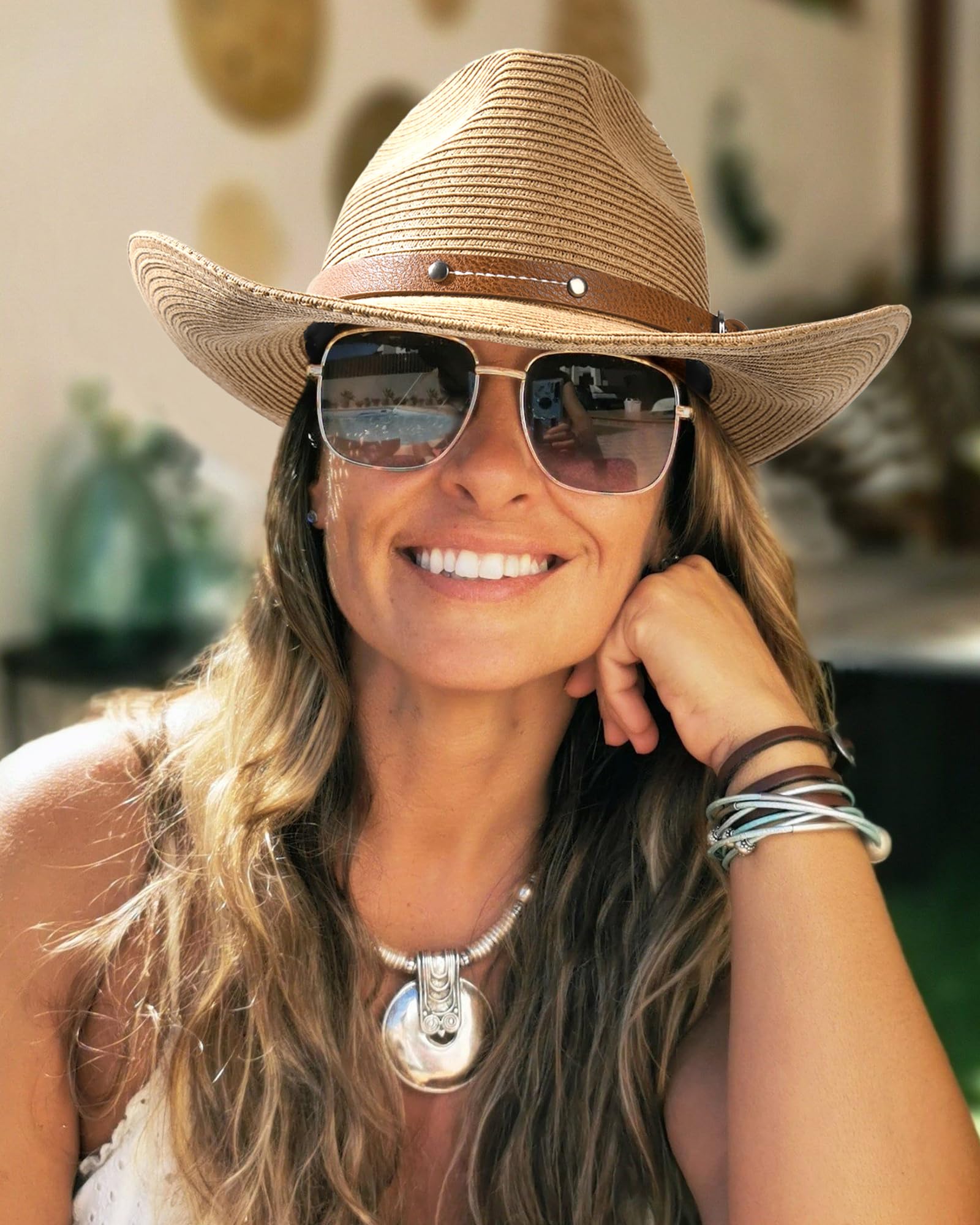 FURTALK Straw Cowboy Sun Hats for Women Men Western Cowgirl Hats with Wind Lanyard UPF 50+ Beach Hat Khaki