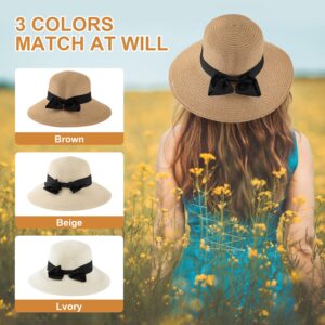 MEINICY 3PCS Sun Hat Beach Straw Hat for Women Wide Brim Foldable Roll up Summer UPF 50+ Hat (Ivory+Brown+Beige)